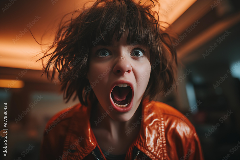 Screaming, hate, rage. Crying emotional angry woman screaming on blue ...