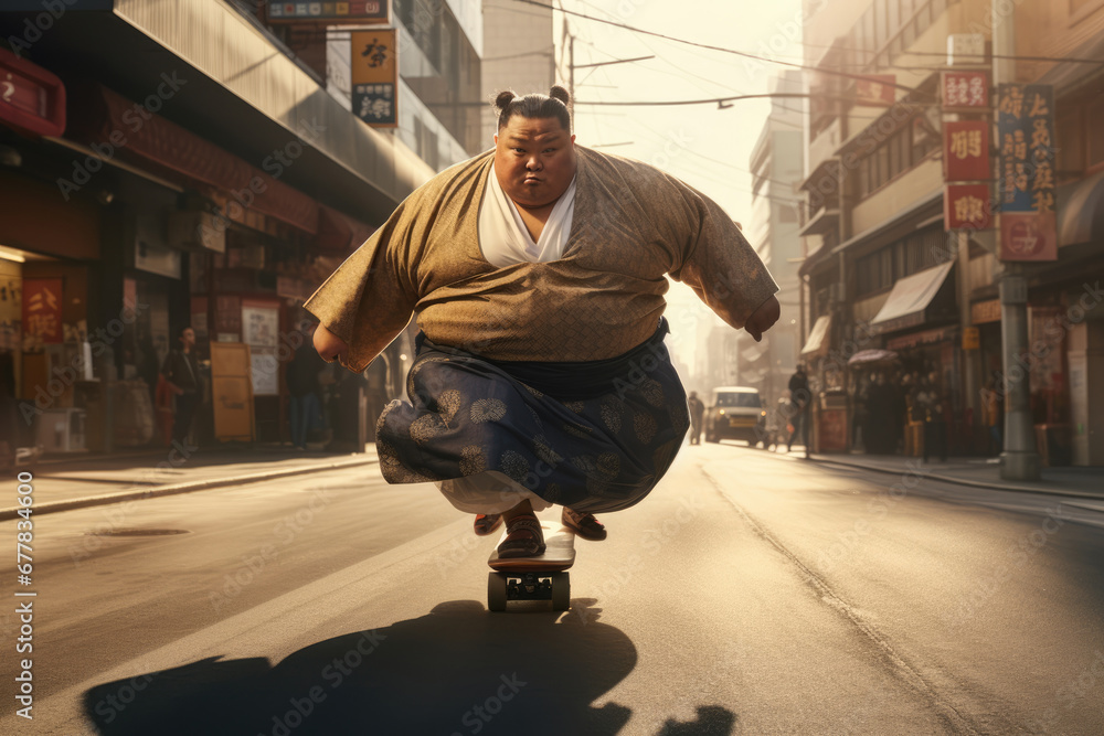Portrait of sumo wrestler riding skateboard on the street. AI ...