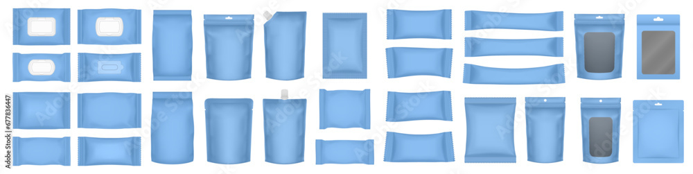 Set of realistic pouch mockups. Blue flow pack, sachet, zip bag and ...