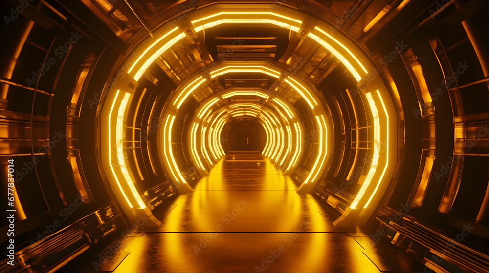 Yellow glowing light tunnle bridge with round octagon pattern and ...