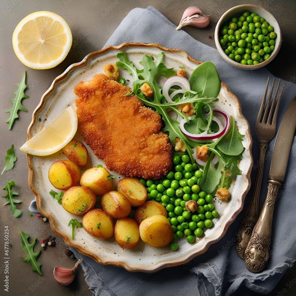 Breaded chicken cutlet with baked small potatoes and green peas, fresh ...