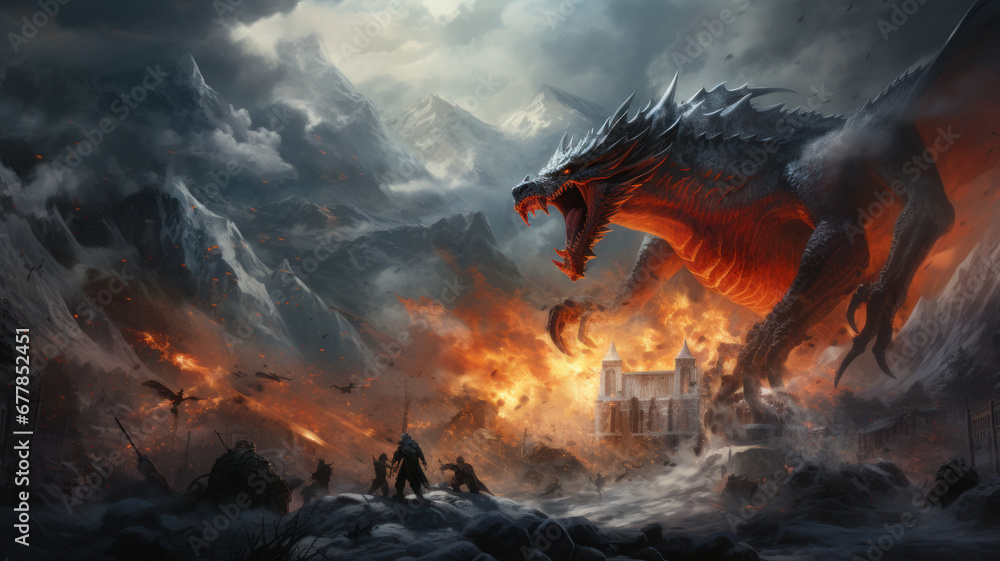 an epic battle between ice and fire dragons in a snowy landscape, with ...