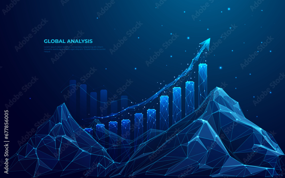 Abstract digital mountain and growth graph chart on technology blue ...