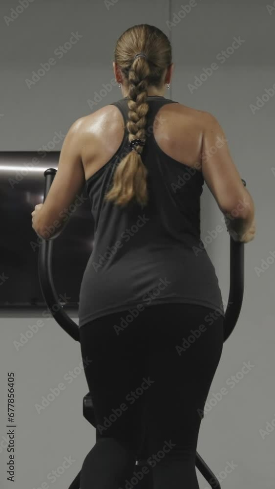 Vertical video. Woman with Long Hair Tied in a Braid Exercising on an ...