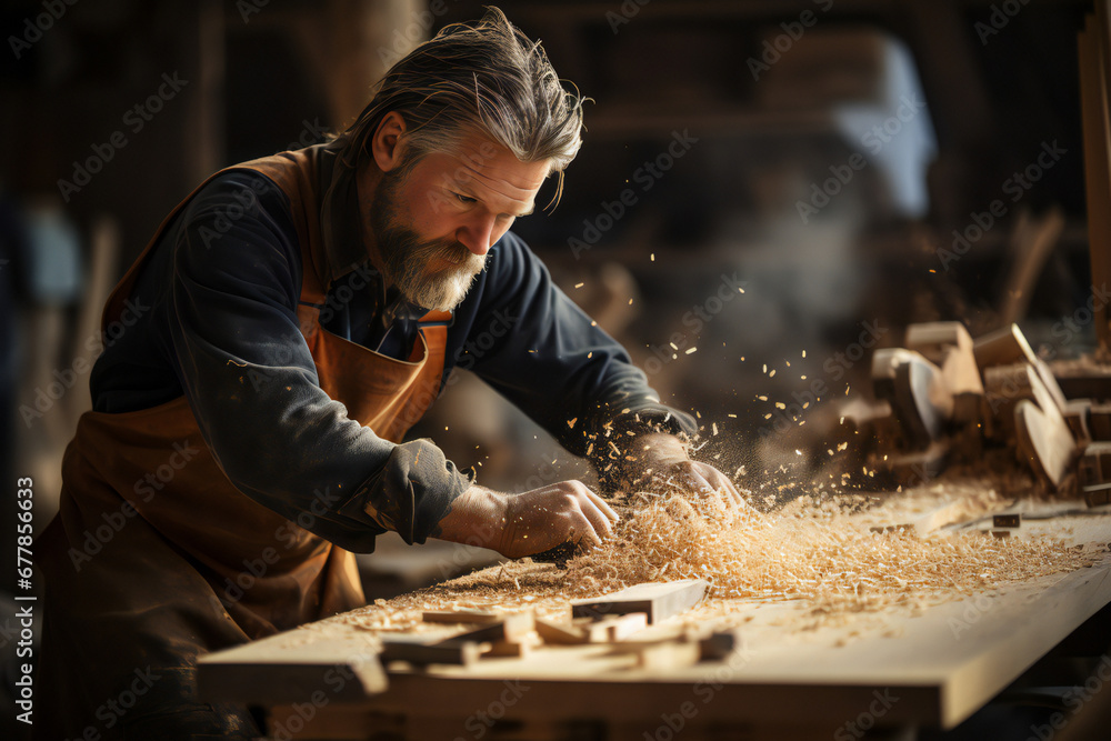 carpenter cutting wood with saw. Professional worker cutting steel ...