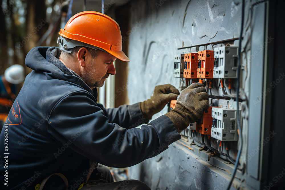 electrician working in a power station in a factory. installation of ...