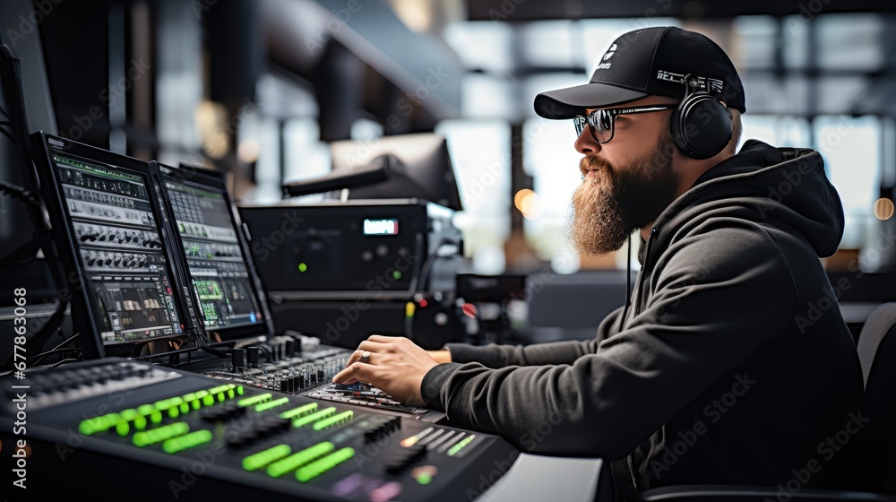 A man works behind a professional sound mixing board in a recording ...