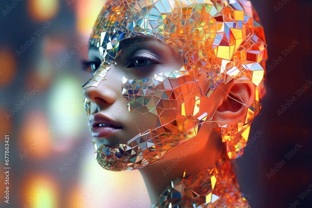 Beautiful female model with transparent fragments of plastic, glass or ...