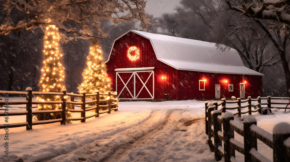 A snowy scene with a red barn and Christmas lights, christmas picture ...