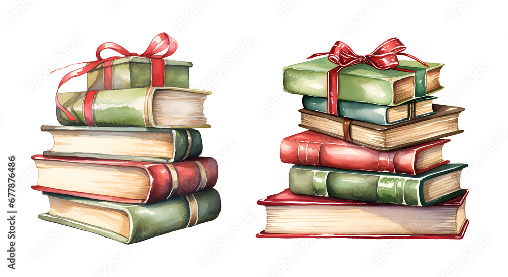 Christmas Books Watercolor Clipart Illustration With Isolated