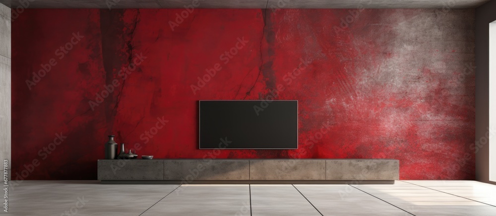 The red abstract pattern on the old concrete wall creates a striking ...