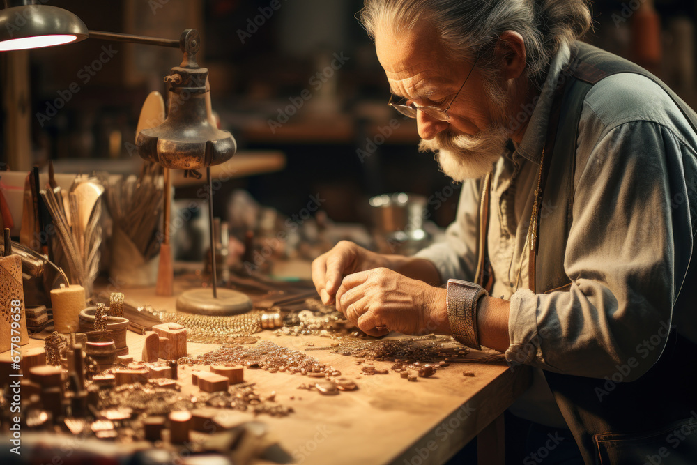 An artisan crafting handmade jewelry using materials from various parts ...