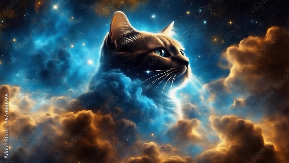 Cat in space and nebula. Gas cloud. Cosmic art. Galactic art. 4K - 8K ...