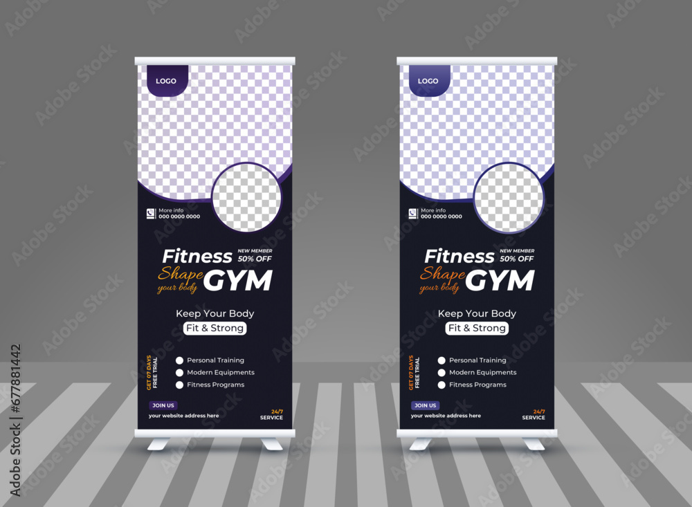 minimalist and sample gym roll up banner design, gym and fitness roll ...
