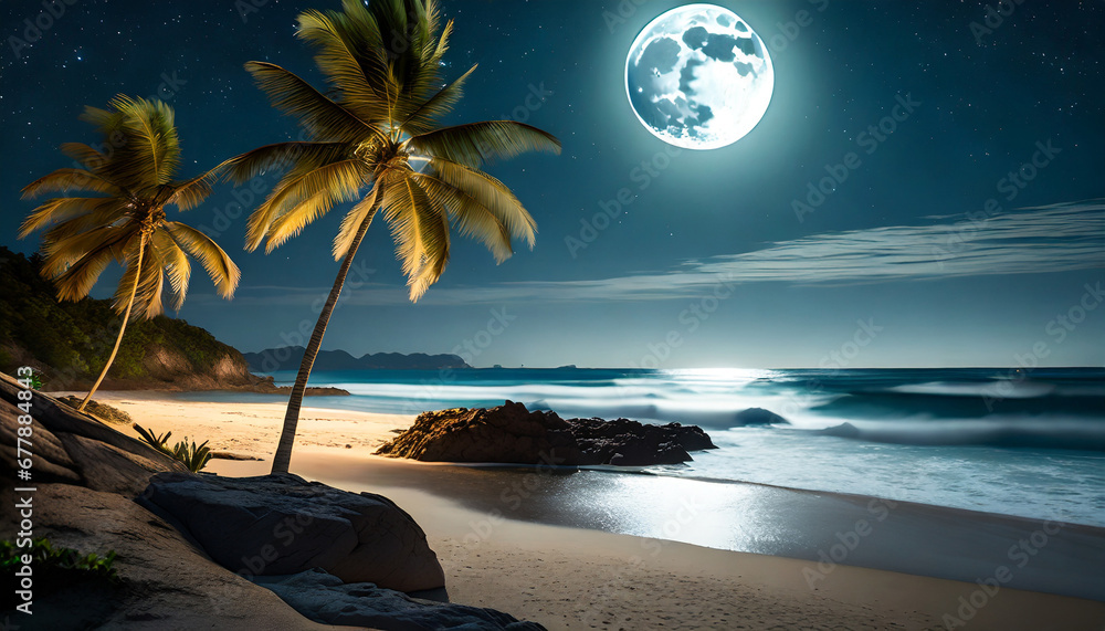 night dramatic landscape dynamic beach scenery palm trees and a moon pc desktop wallpaper ...