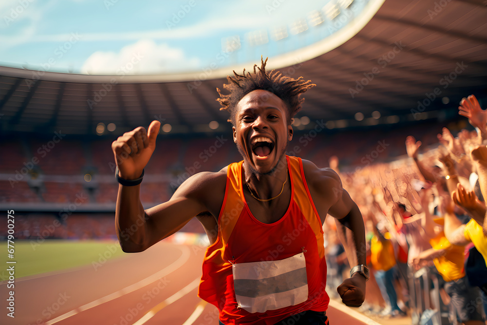 african olympic runner celebrating victory after a race on olympic ...