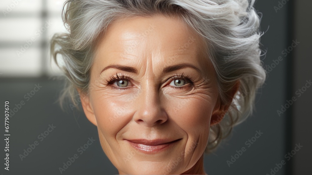 Studio shoot of a caucasian aging older model with gray hair on grey ...
