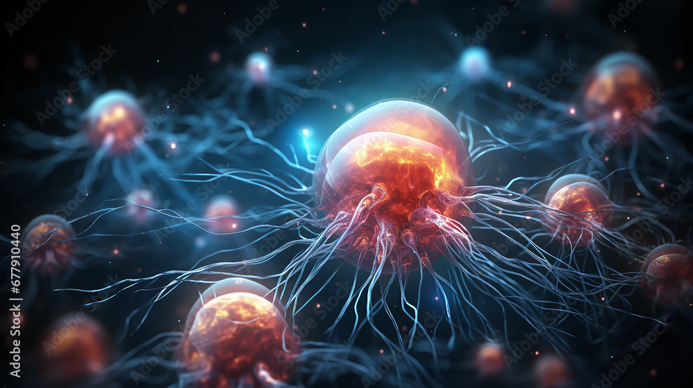 neurons under strong magnification, neural network live impulses ...