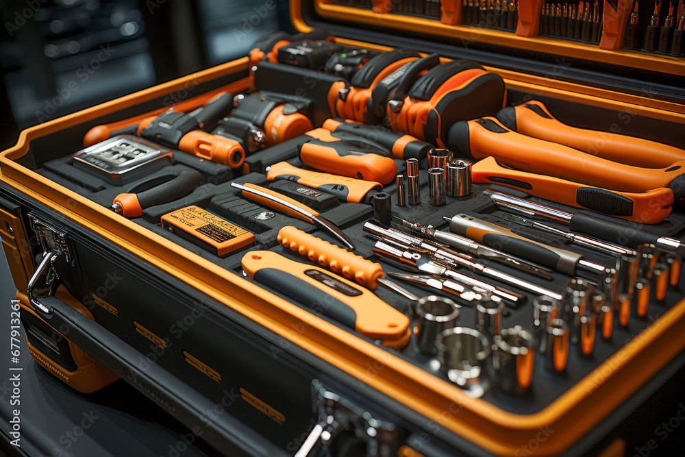 A close-up of a well-organized tool chest in a car service garage ...
