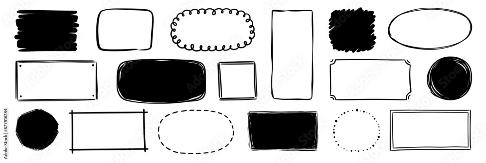 Hand drawn doodle frame set. Box, square, rectangle, circle shape brush ...