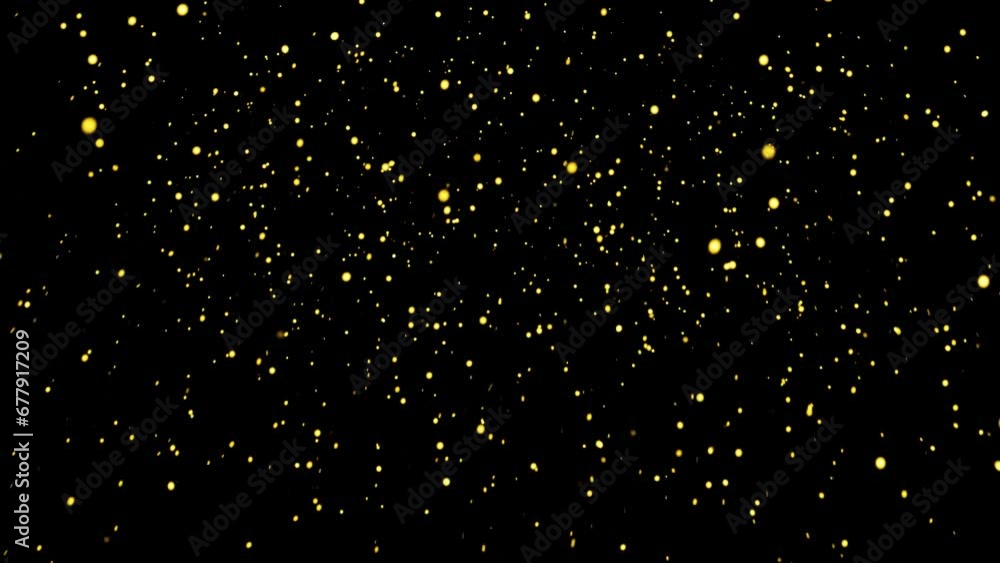 Abstract loop animation flickering glow gold bokeh bubble particles flow on black background. 4K ...