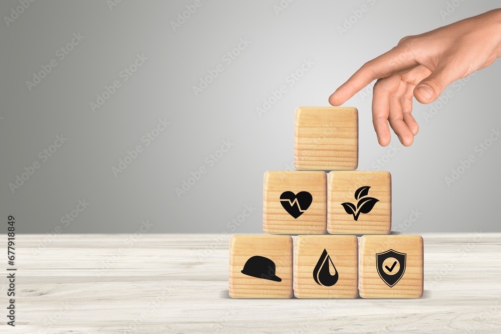 HSE concept. Work safety rules on wooden cubes Stock Photo | Adobe Stock
