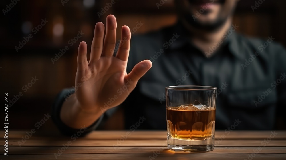 man smile and refuses say no and avoid to drink an alcohol whiskey ...