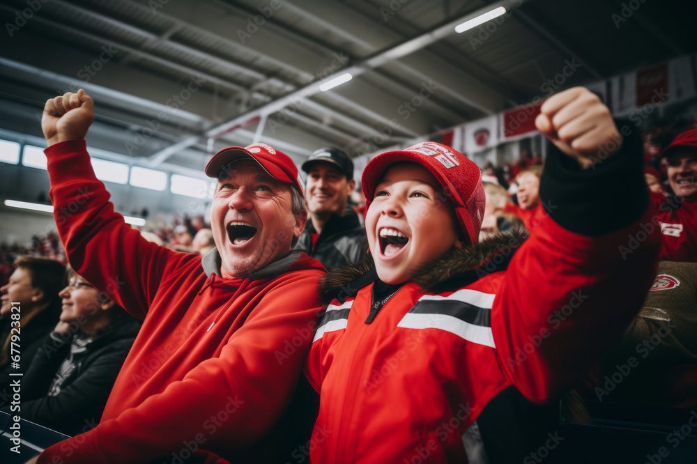 Excited parents and kids celebrating the victory of their team. Sports ...