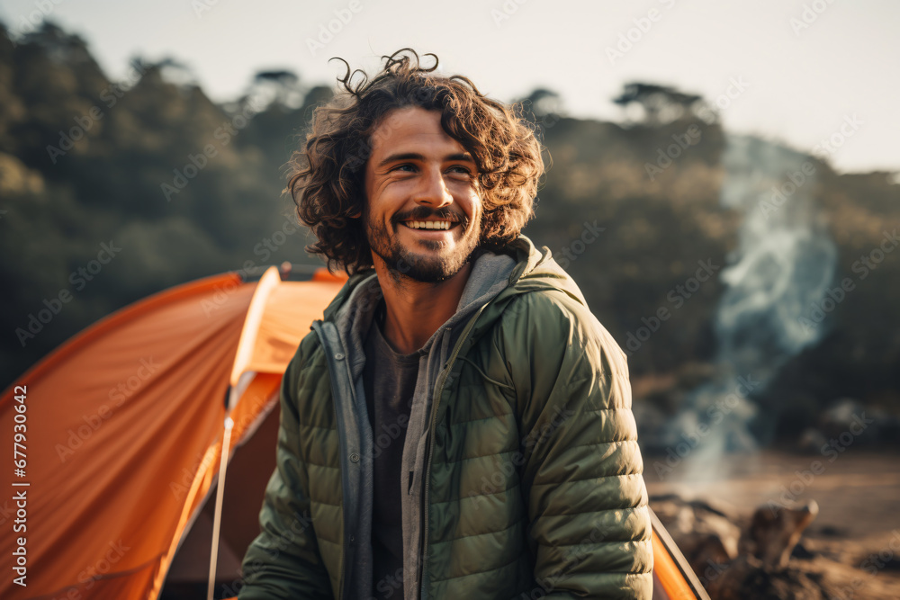Smiling man stood beside an orange tent at the campsite with a smoking ...