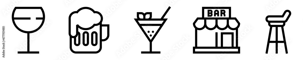 Conjunto de iconos de bar. Bebidas alcohólicas. Copa de vino, cerveza, cóctel, tienda de bar ...