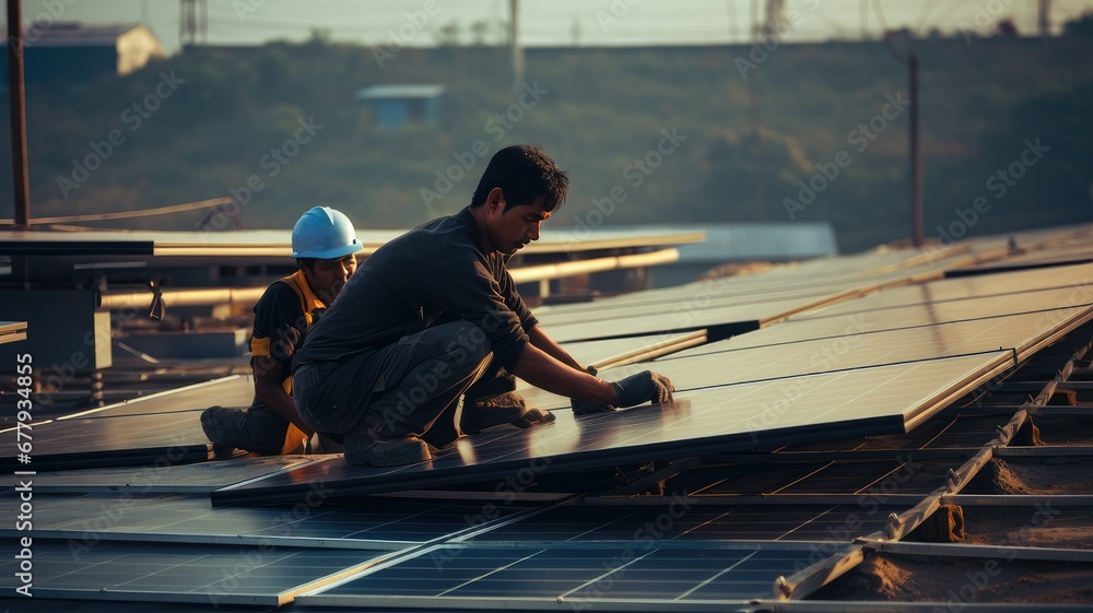 Construction workers installing and fixing large solar panels, setting ...