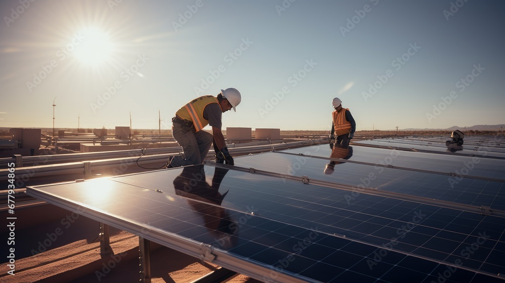 Construction workers installing and fixing large solar panels, setting ...