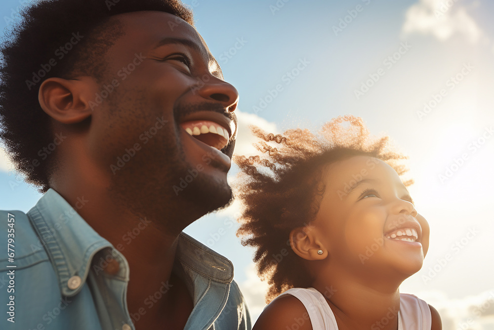 The family portrait of a happy father and child are looking up at the ...