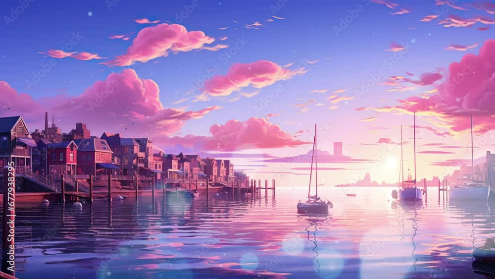 Harbor Hues at Daybreak: Boats, Lighthouses, and Pastel Skies. Seamless ...