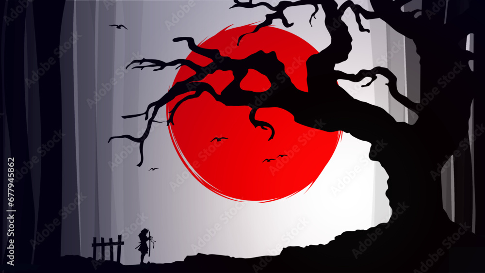 Samurai with red moon wallpaper. red moon. japanese theme wallpaper ...