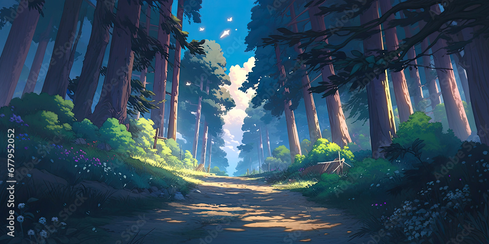 Anime cartoon. style beautiful forest woodland background trees ...
