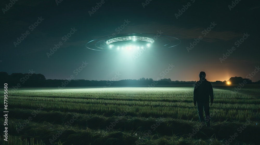 First Encounter Man Meets Alien by Landed UFO in Field at Night Stock ...