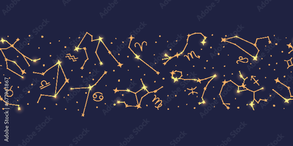 Golden glowing zodiac constellations seamless pattern on night sky map ...