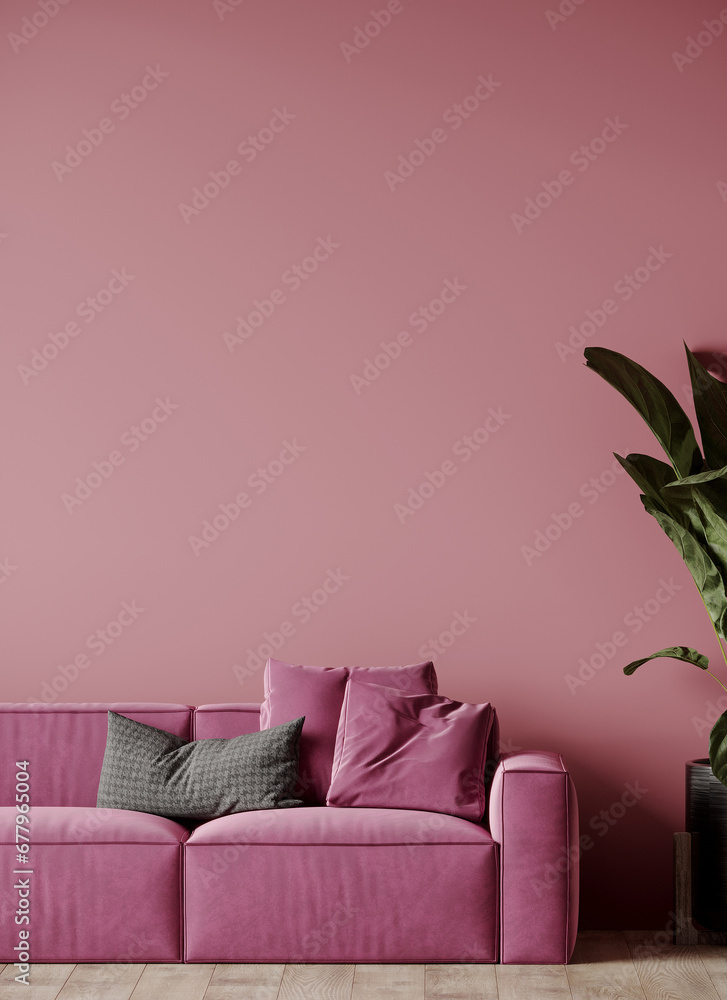 Luxury living room with bright pink rose color. Empty paint wall and ...