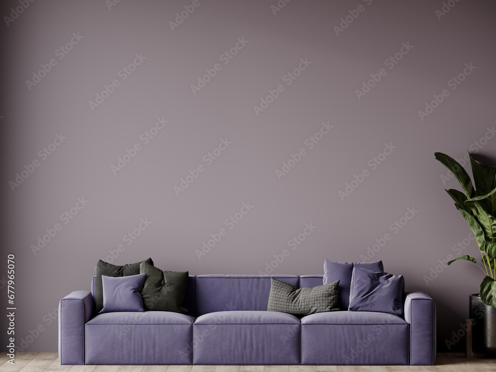 Premium living room with pastel violet purple sofa. Gray lavender wall ...