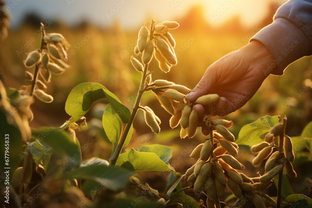 farmer hands harvesting soybeans tree at soybean farm bokeh style ...