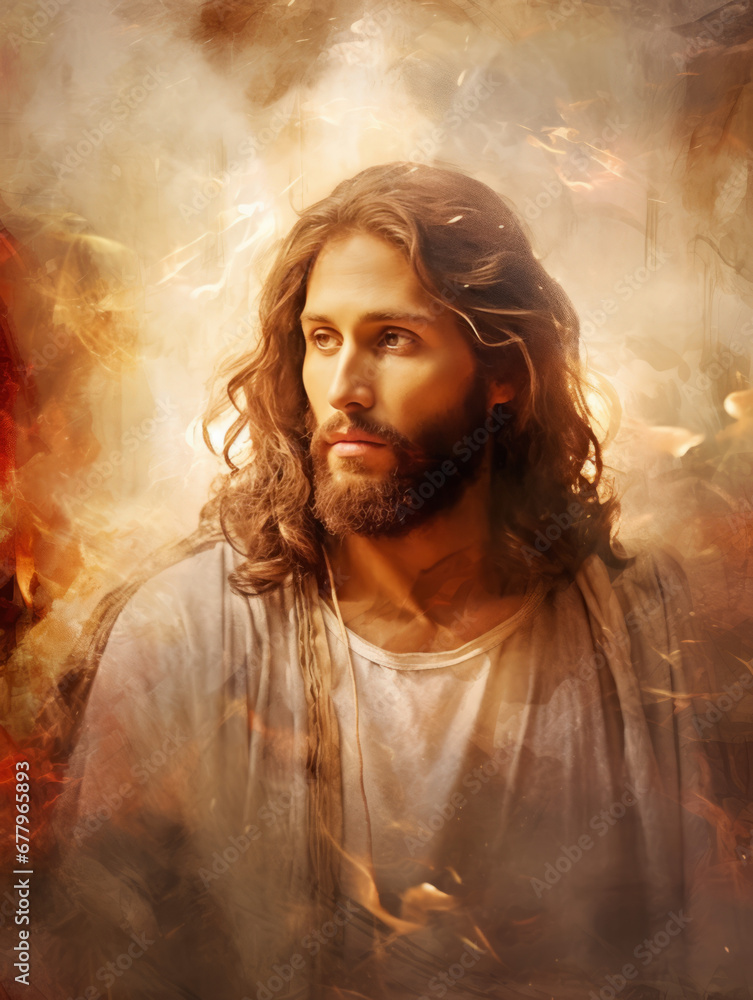 Religious art painting depicting Jesus Christ with a powerful facial ...