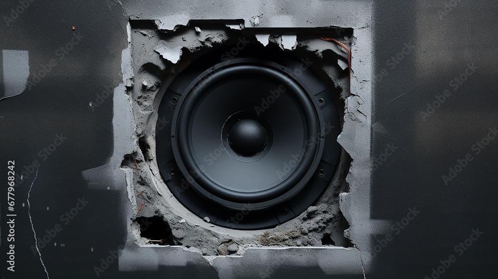 loud background music, cracks on the destroyed speaker from the ...