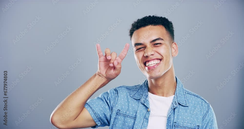 Portrait, rock and roll with man, excited and artist with attitude on a ...