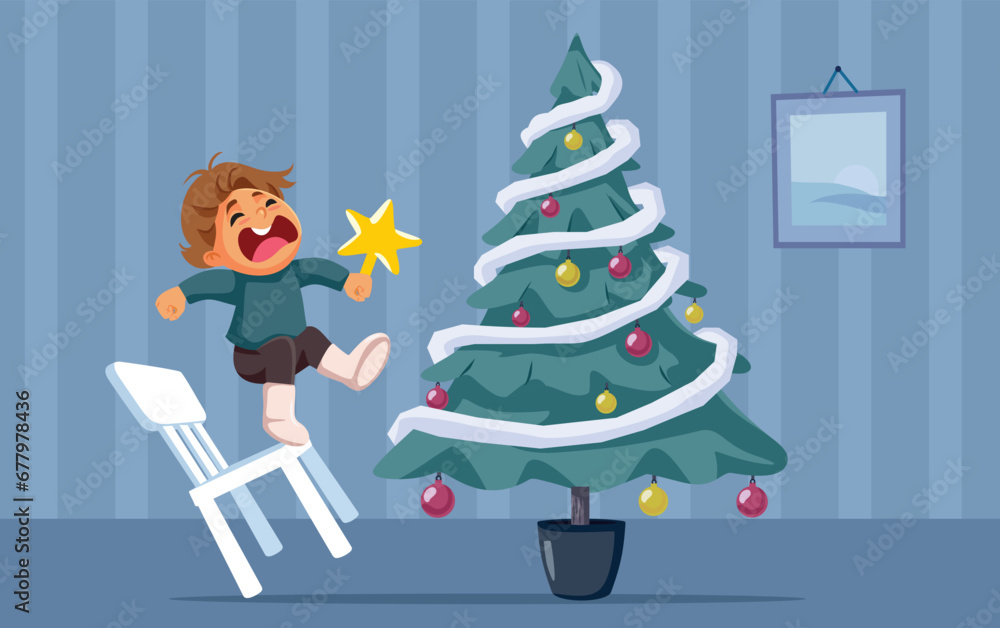 Child Falling When Trying to put the Star Tree Top. Little kid having ...