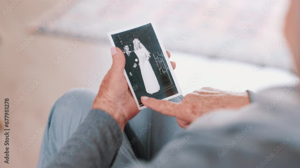 Photograph, memory and old woman in home remember wedding, event and ...