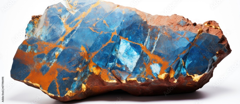 On a white background an isolated stone an igneous rock reveals veins ...