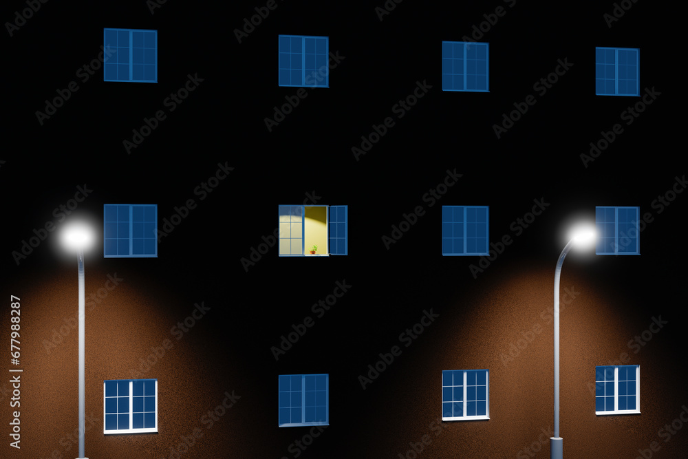 The light is on in one open window of a large multi-story residential ...