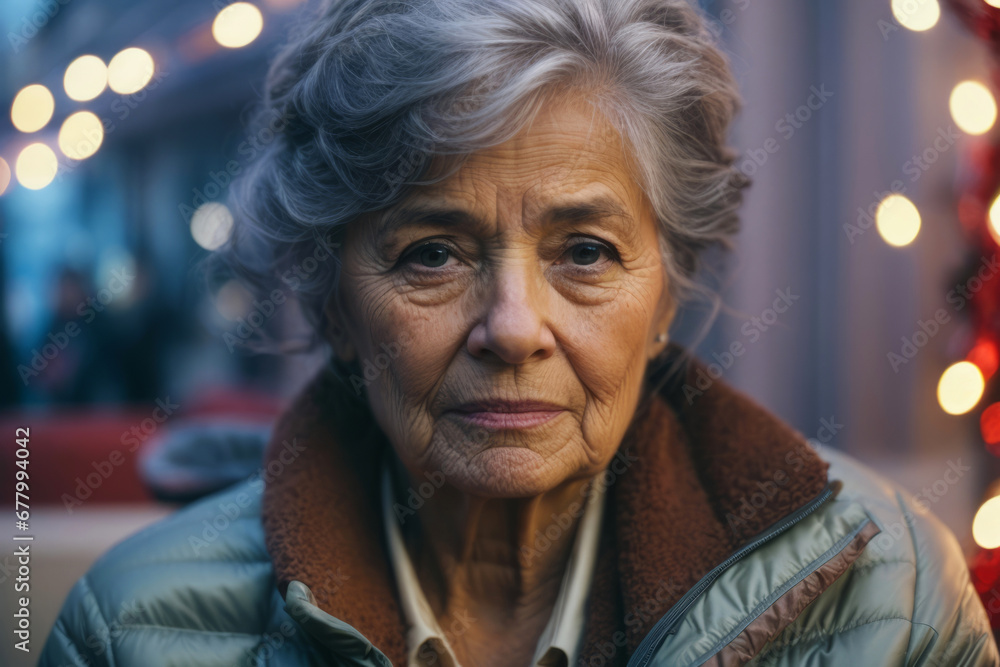 Sad old granny on New Year's Day. Christmas of a lonely elderly woman ...
