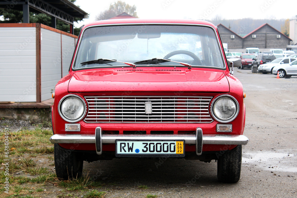 Vinnytsia, Ukraine; November 08, 2023. Old Soviet car red VAZ 2101 ...